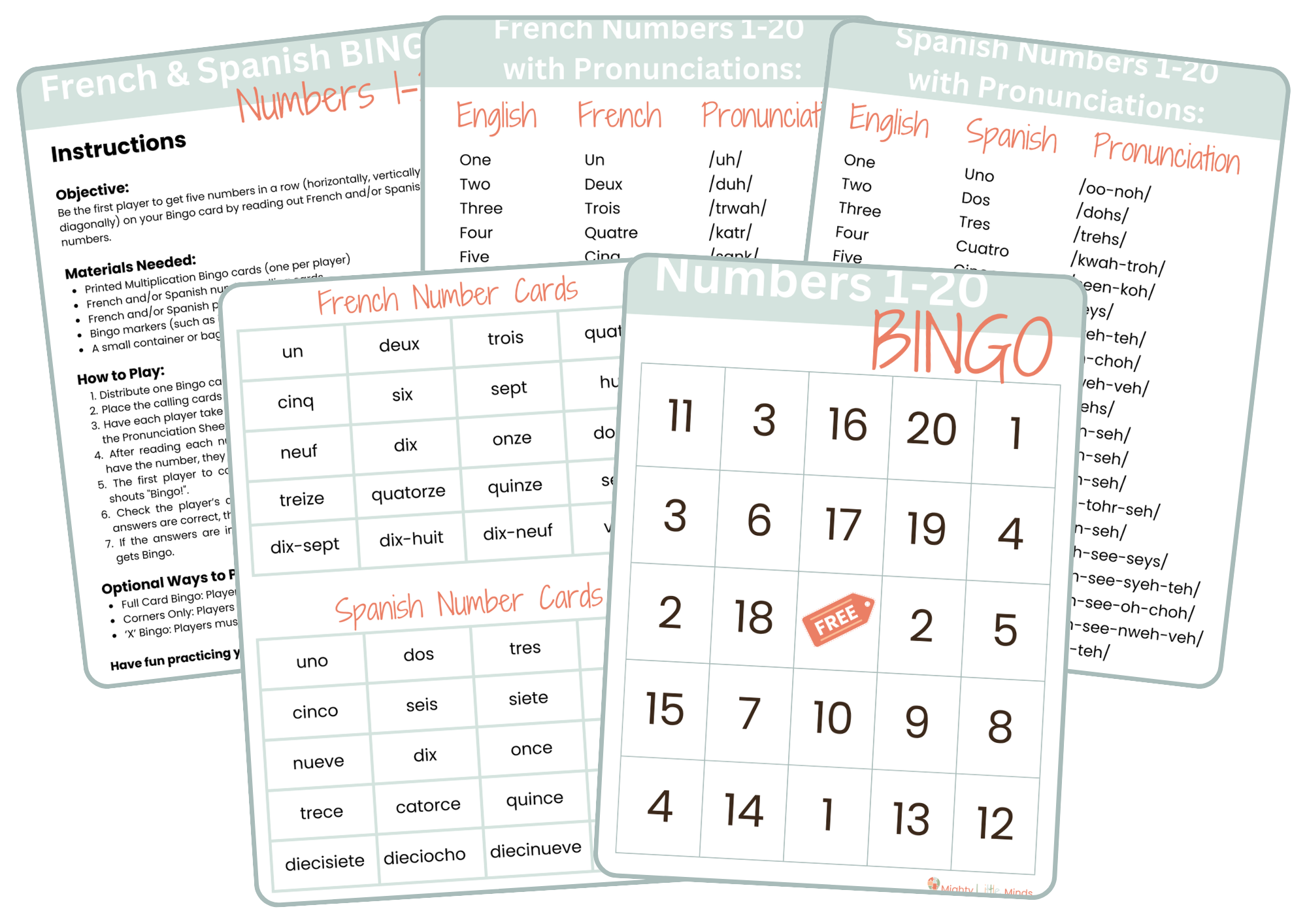 Numbers 1-20 in Spanish and French – Free Printable BINGO Game!